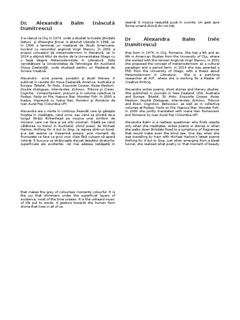 DR Alexandra Dumitrescu Balm - Bio Note | PDF