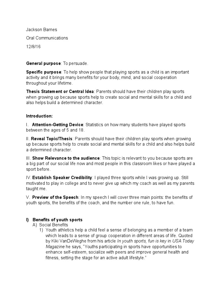 Persuasive Speech Outline | PDF | Sports | Parenting