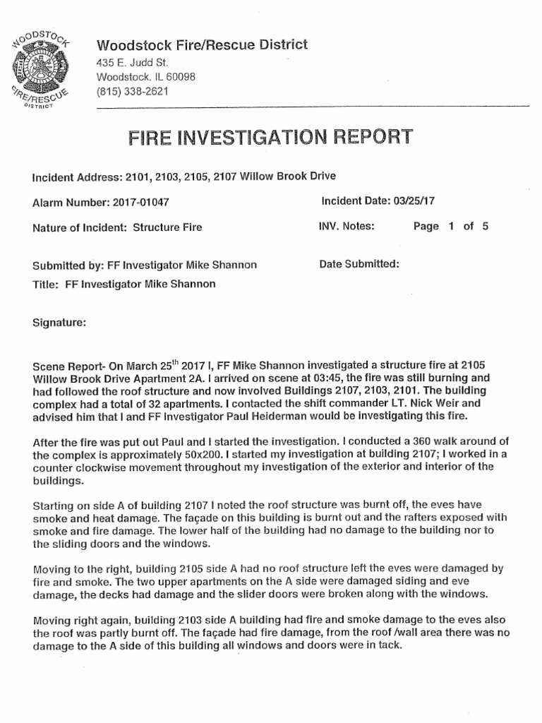 Woodstock Fire/Rescue District Report On Willow Brooke Apartments Fire ...