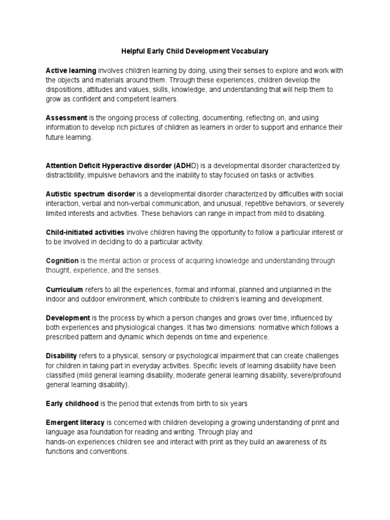 Early Child Development Vocabulary | PDF | Developmental Disorder ...
