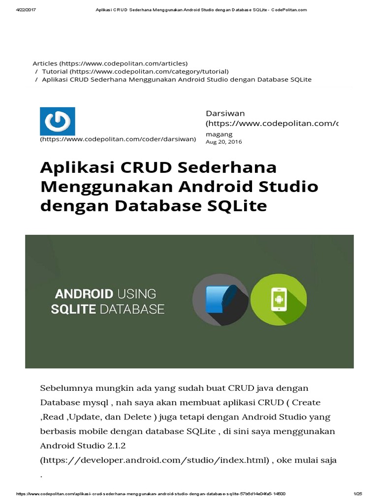 Aplikasi CRUD Sederhana Menggunakan Android Studio Dengan Database SQLite - CodePolitan | PDF