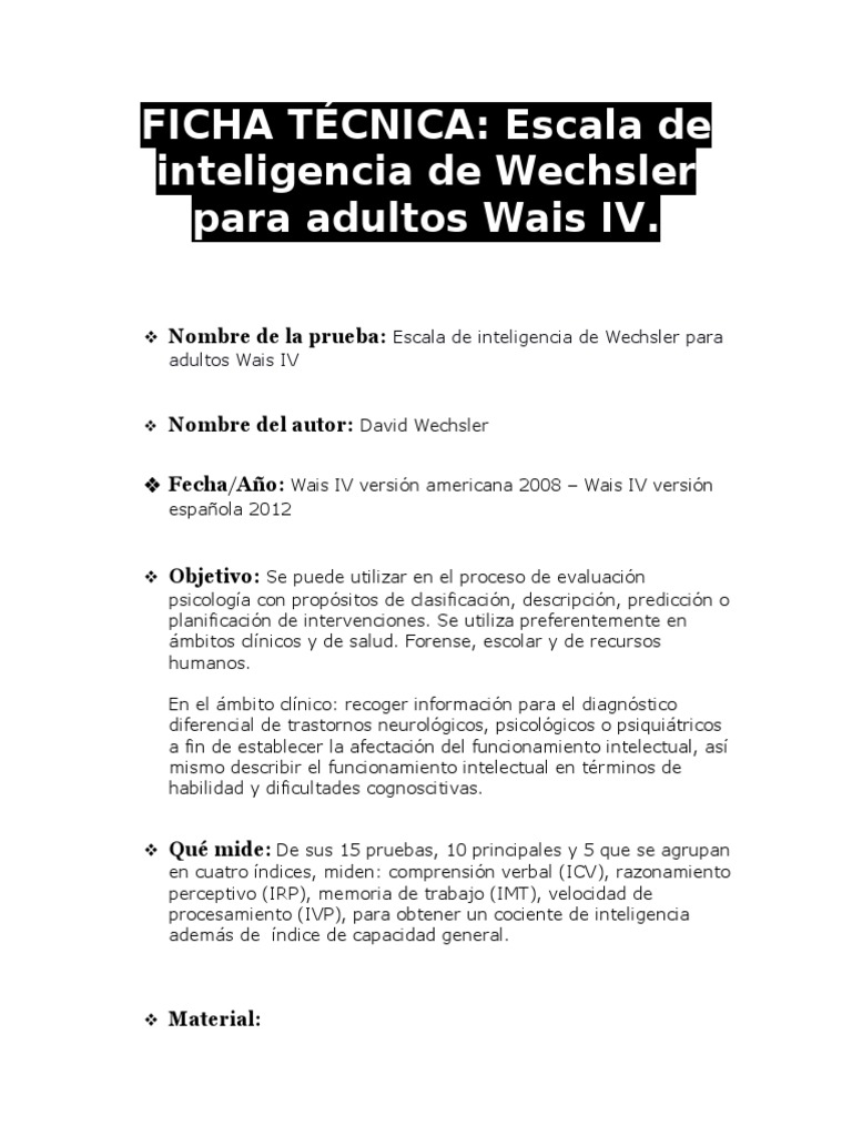 Escala de Inteligencia de Wechsler Para Adultos Wais IV