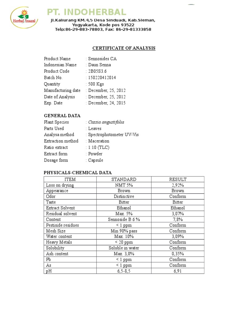 Pt. Indoherbal: Certificate of Analysis | PDF