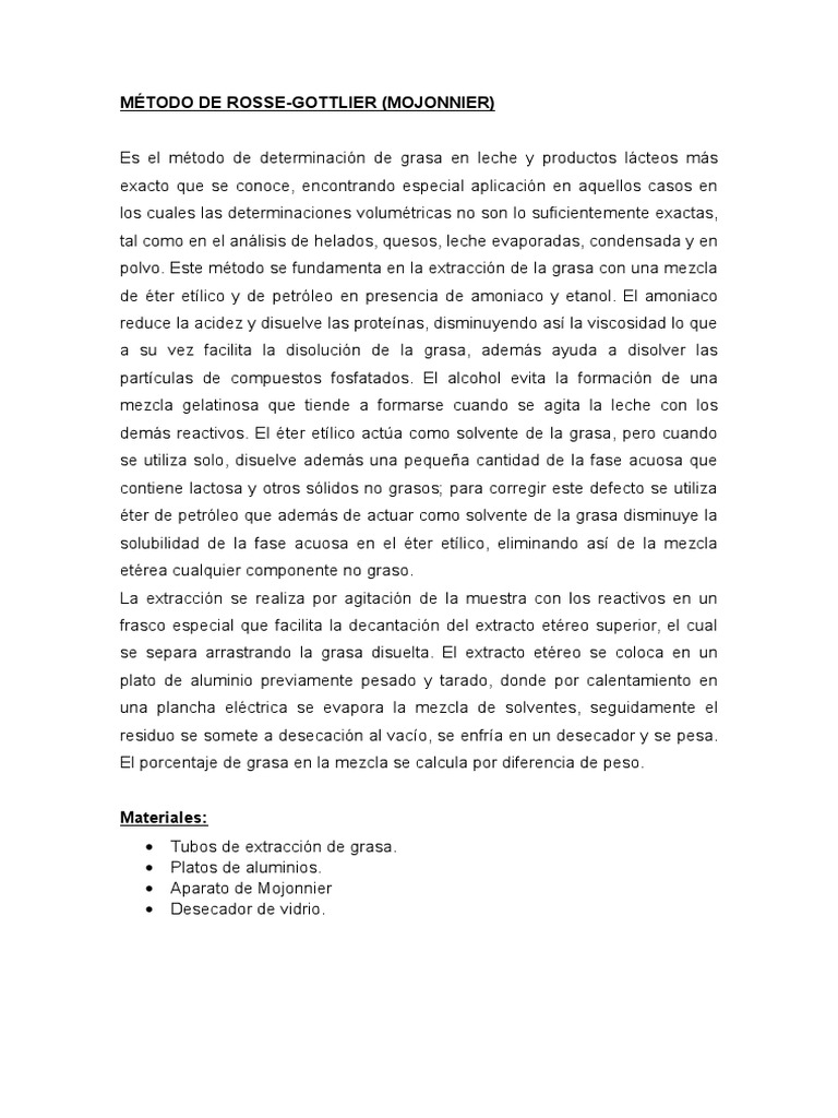 Método Mojonnier para Análisis de Grasas | PDF | Leche | Etanol
