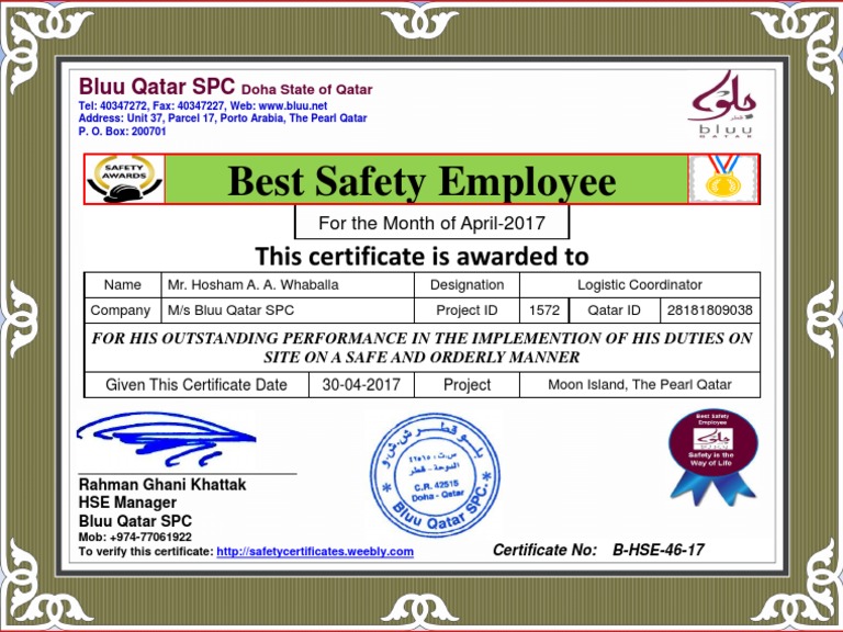 Hosham Best Safety Employee Award Certificate For Month April 2017 | PDF