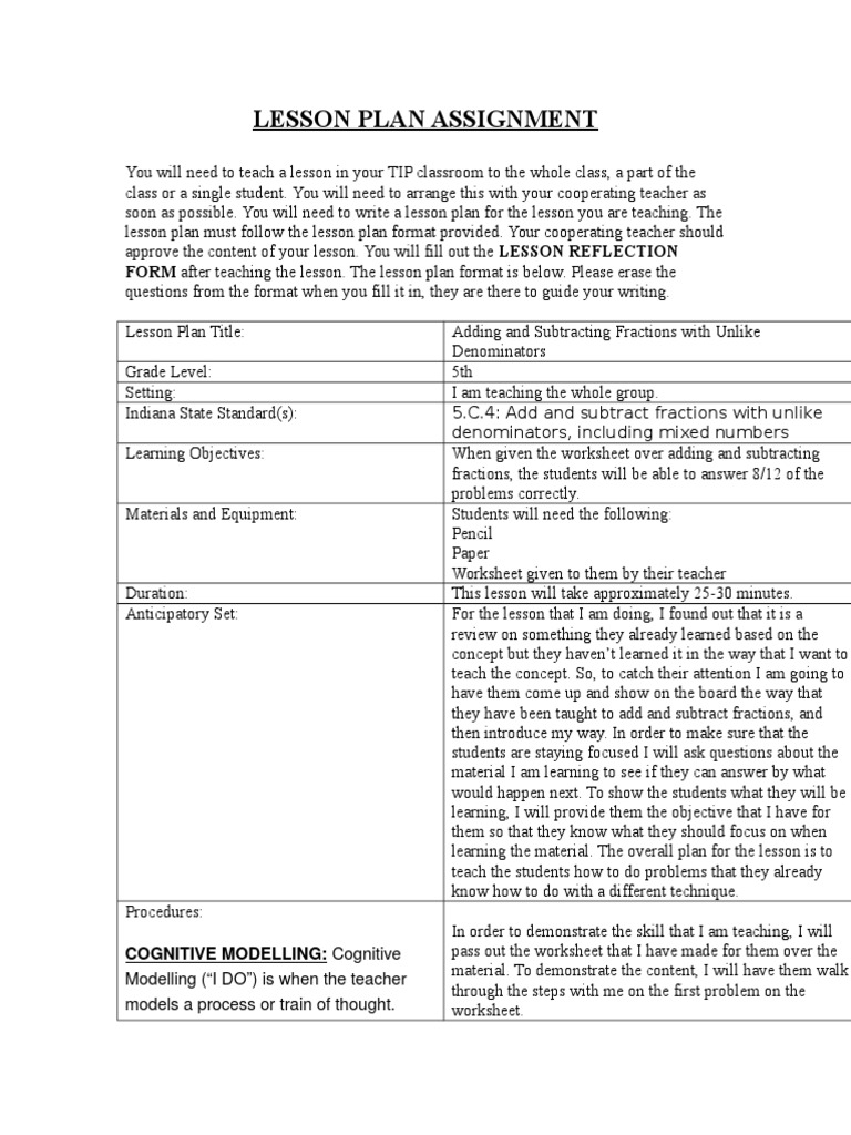 Lesson Plan Assignment: FORM After Teaching The Lesson. The Lesson Plan ...