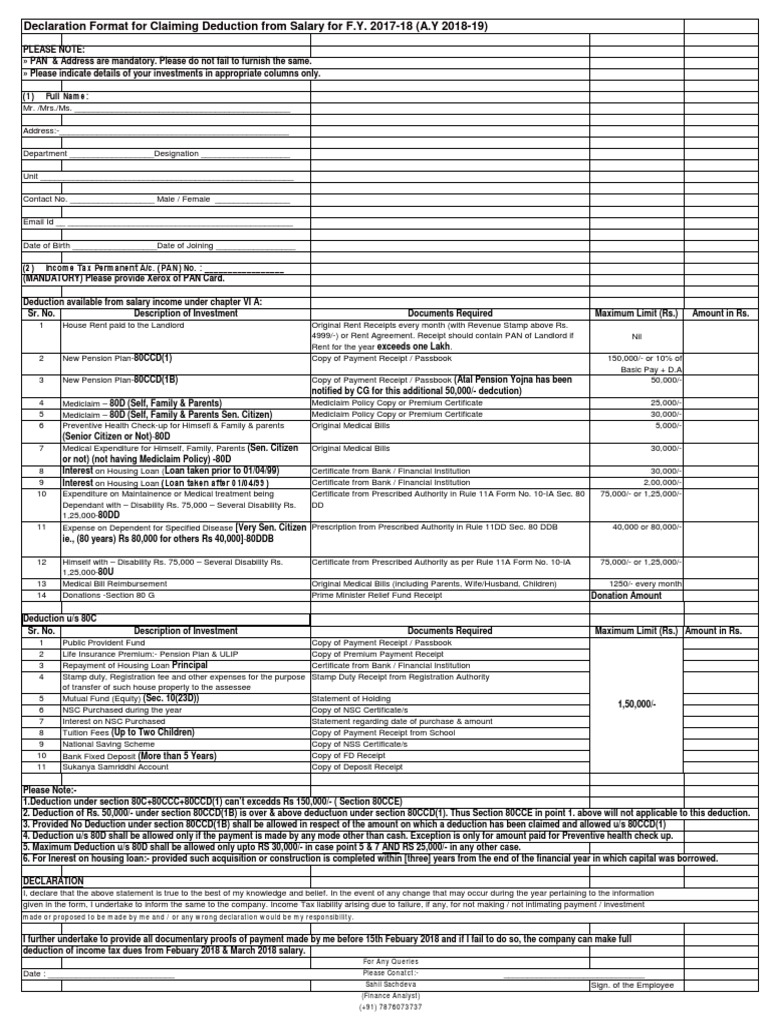 Declaration Format for Salary for FY 2017-18 a.Y 2018-19 | Financial ...