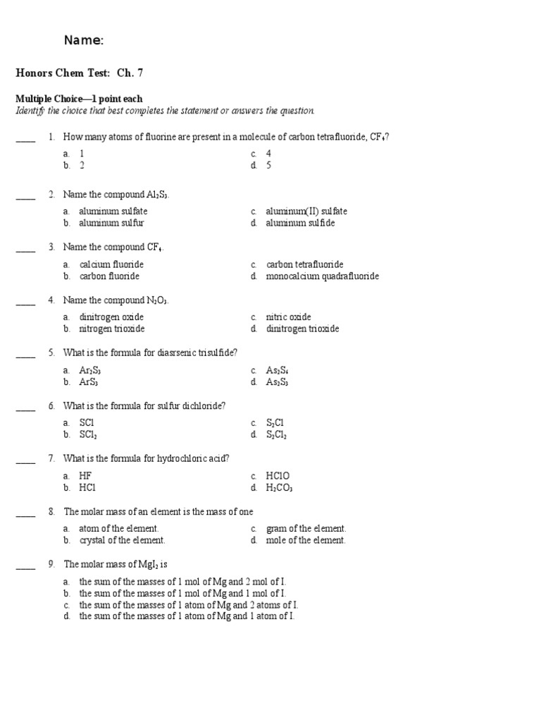 Honors Chem Test | PDF | Mole (Unit) | Carbon
