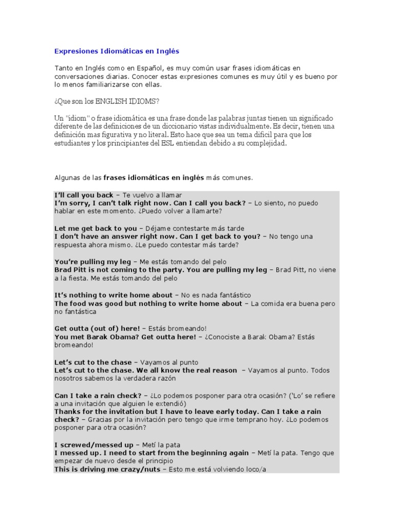 Expresiones Idiomaticas Clases De Inglés/español/portugués Online
