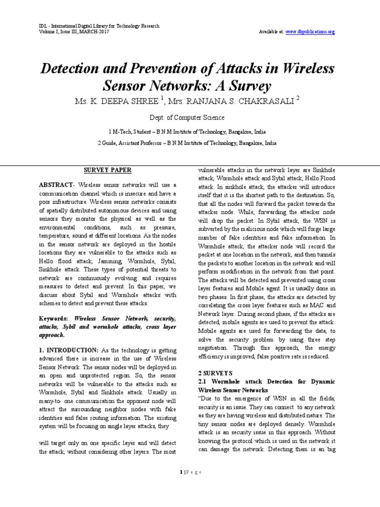 Detection And Prevention Of Attacks In Wireless Sensor Networks A Survey Pdf Routing