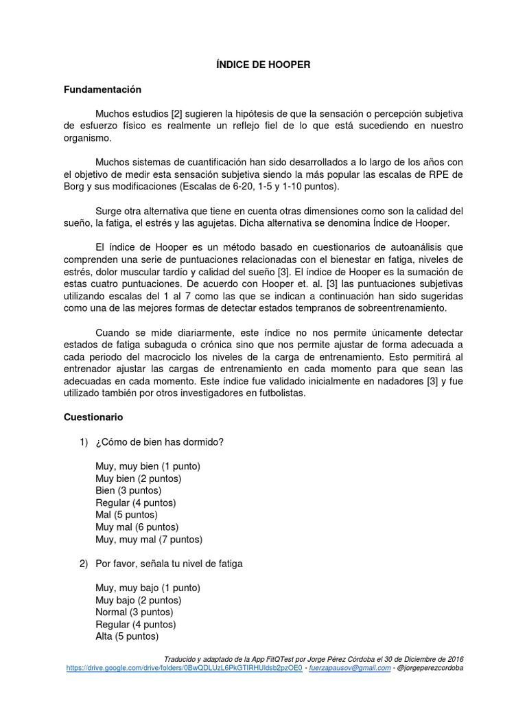 Índice Hooper: Control de Entrenamiento | PDF | Estrés (biología ...