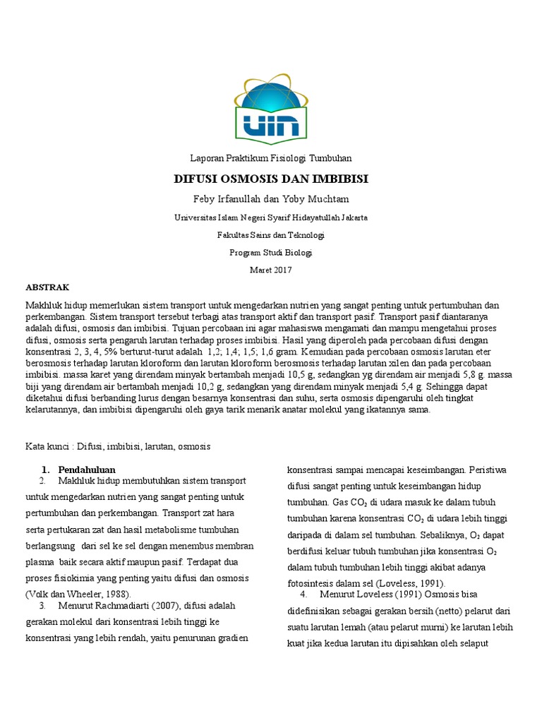 Laporan Difusi Osmosis Imbibisi | PDF