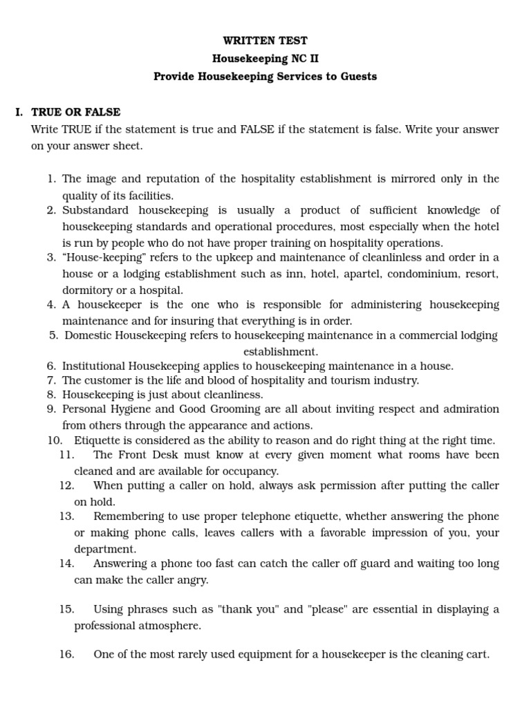 Written Test (Provide Housekeeping Services) | PDF | Housekeeping | Hygiene