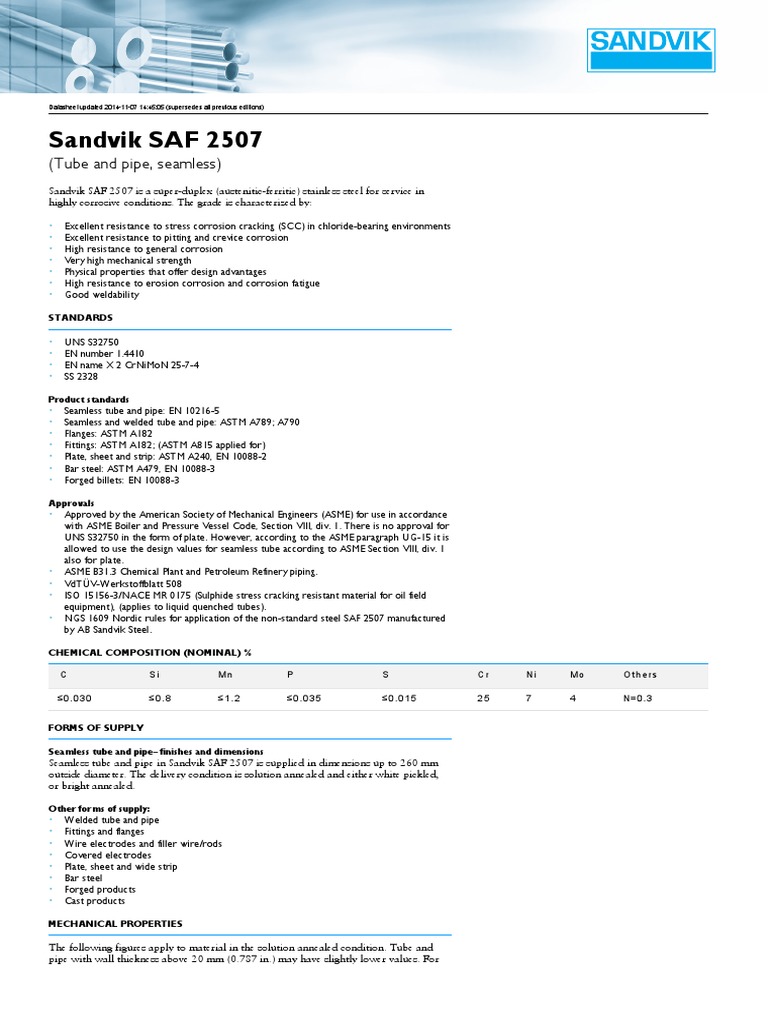 Datasheet Sandvik Saf 2507 en PDF | PDF | Stainless Steel | Corrosion