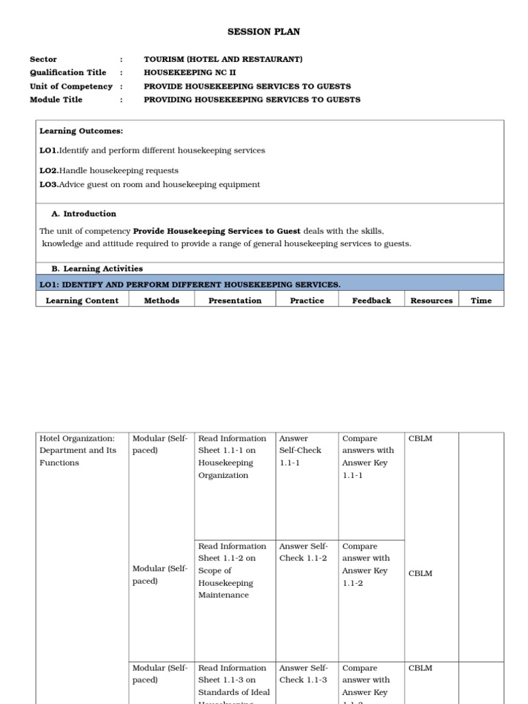 Session Plan (Provide Housekeeping Services To Guest) | PDF | Housekeeping | Competence (Human ...