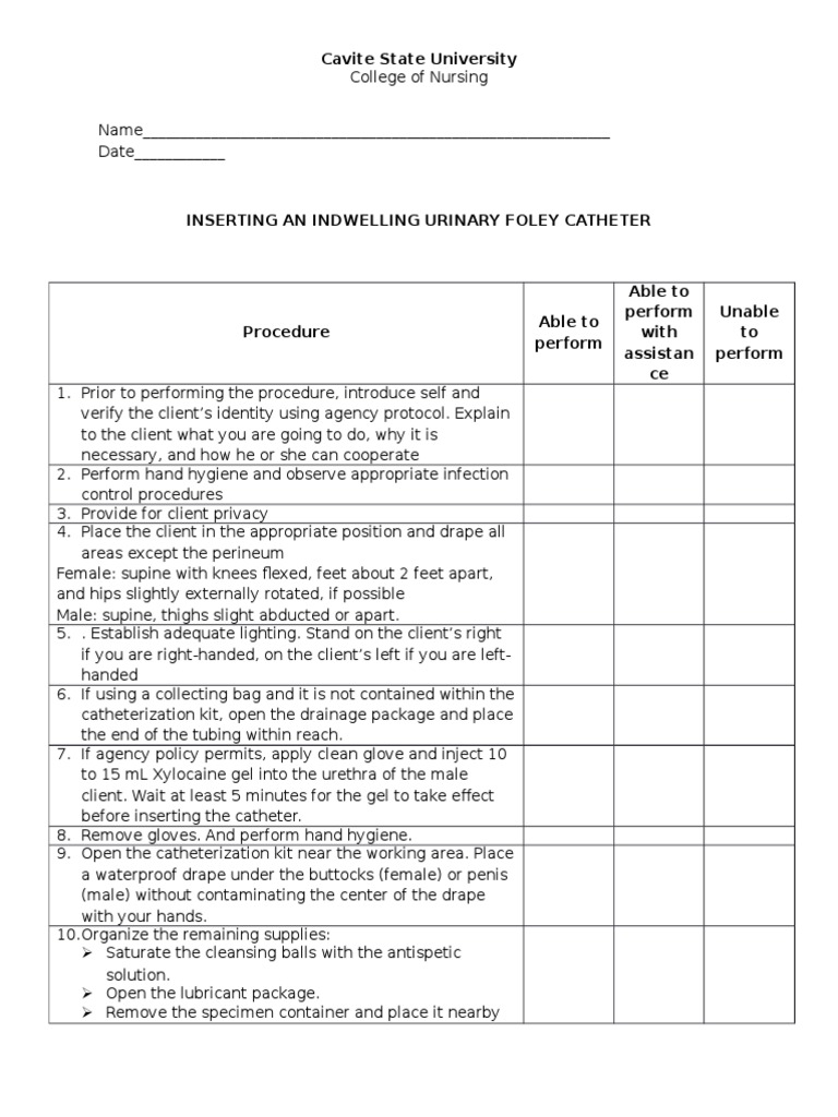 Procedure for Inserting and Removing an Indwelling Urinary Catheter: A ...
