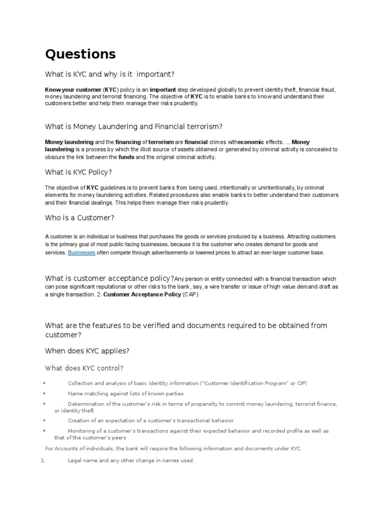 KYC,CDD Questions Assumed Knowelege & JD (1) | Money Laundering ...