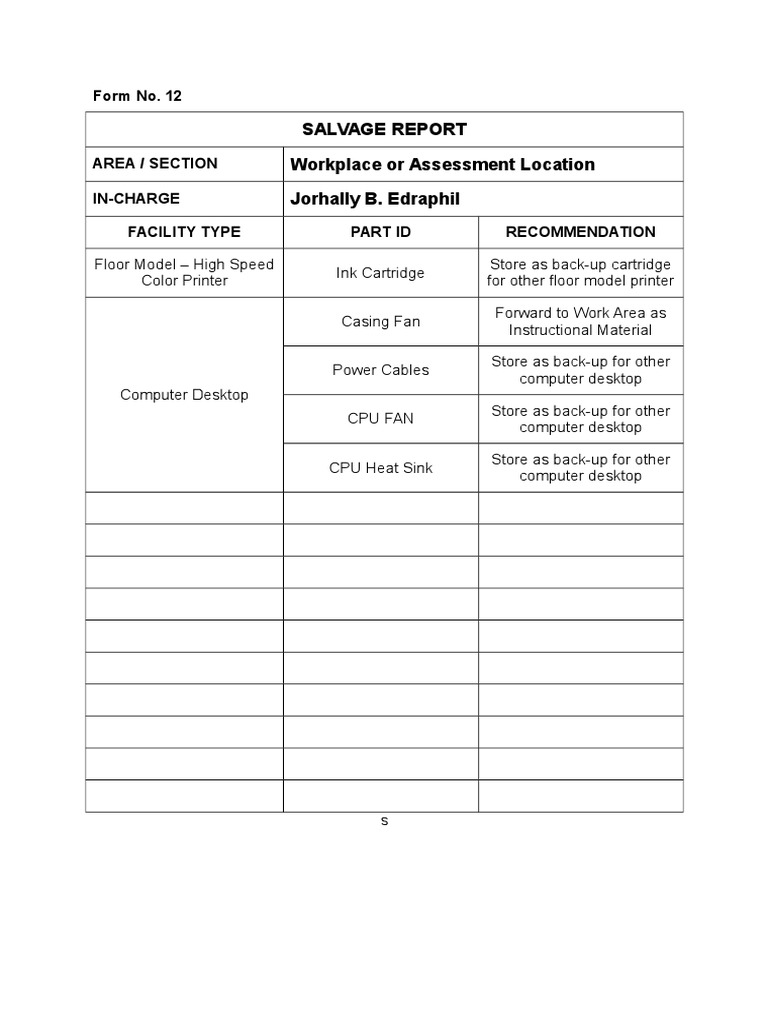 Form 12 - Salvage Report | PDF