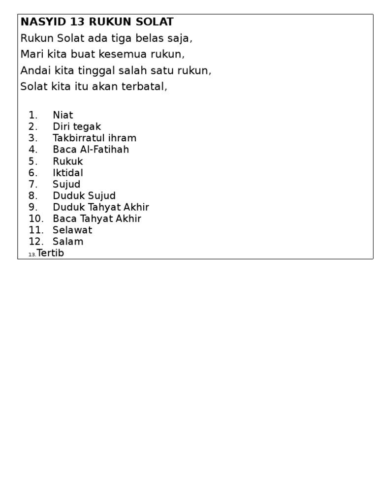 Lirik 13 Rukun Solat | PDF