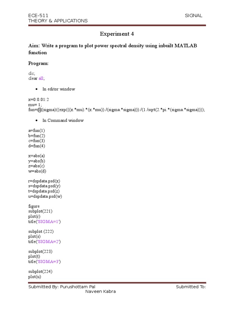 Experiment 4 Aim Write A Program To Plot Power Spectral Density Using Inbuilt Matlab Function