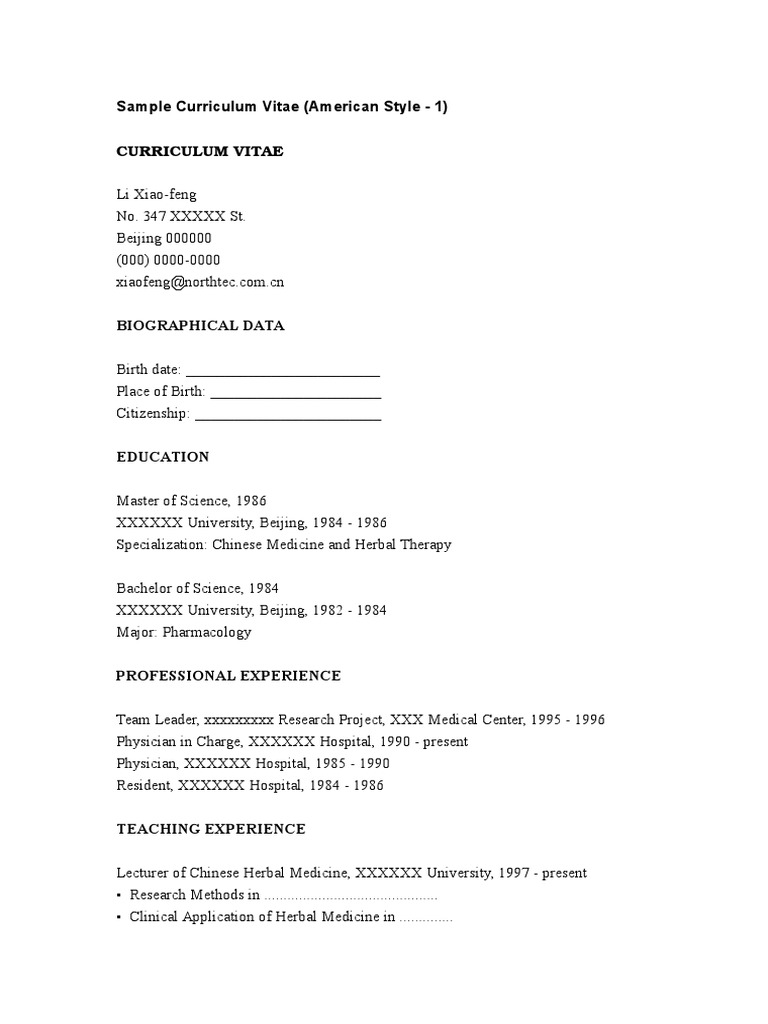 Sample Curriculum Vitae (American Style - 1) Curriculum Vitae | PDF