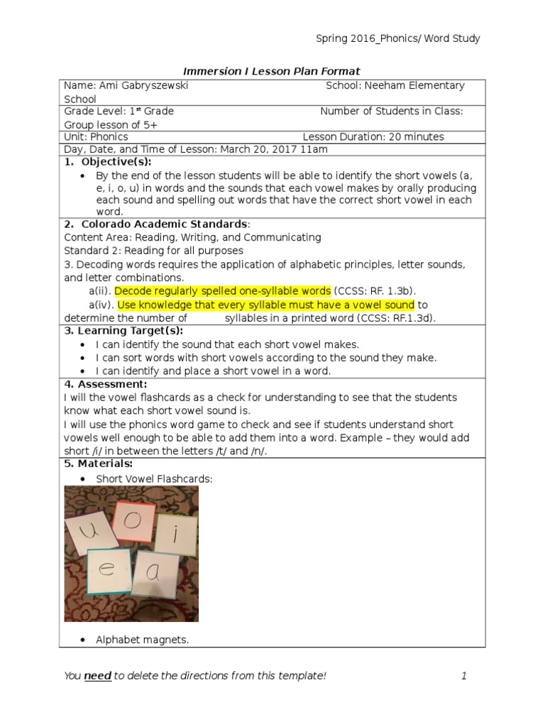 Phonics Lesson Plan Final Draft | PDF | Phonics | Vowel