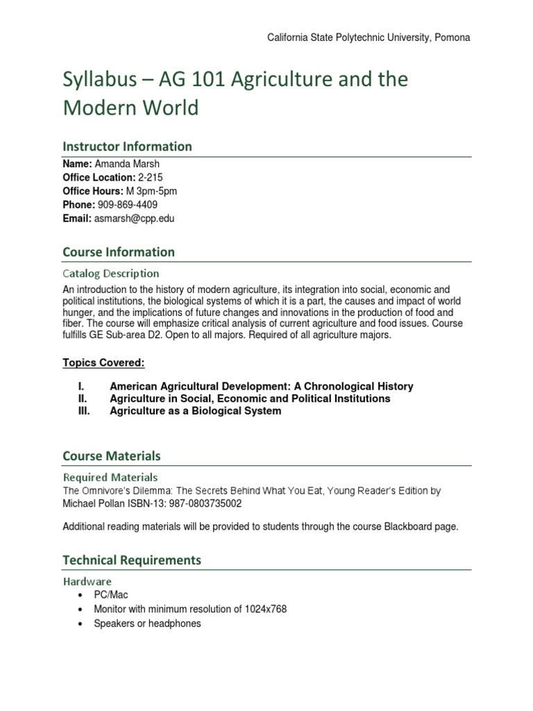 Syllabus - AG 101 Agriculture and The Modern World: Instructor ...