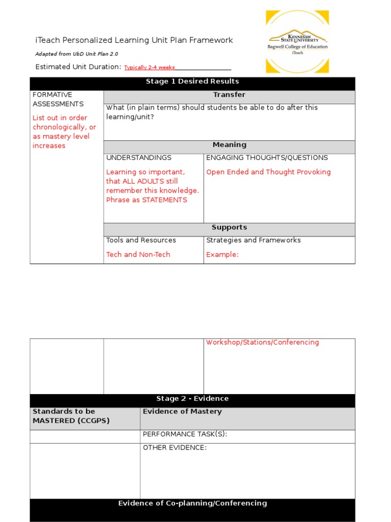 Iteach Personalized Learning Unit Plan Framework | PDF