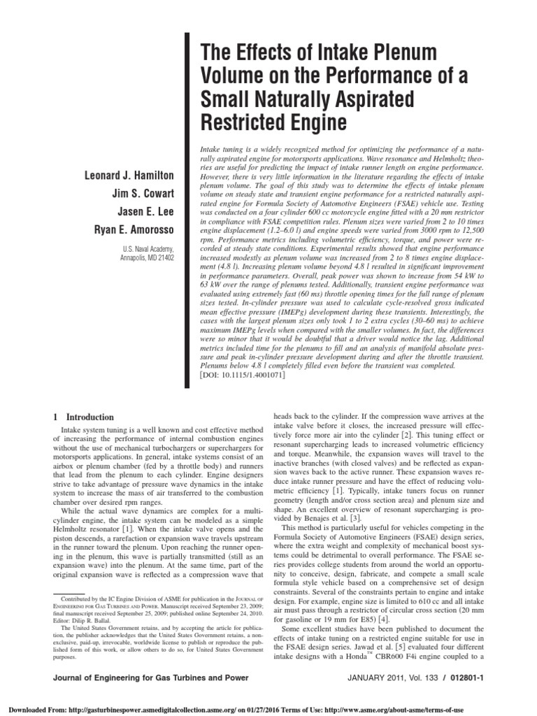 The Effects of Intake Plenum Volume On The Performance of A Small Naturally Aspirated Restricted ...