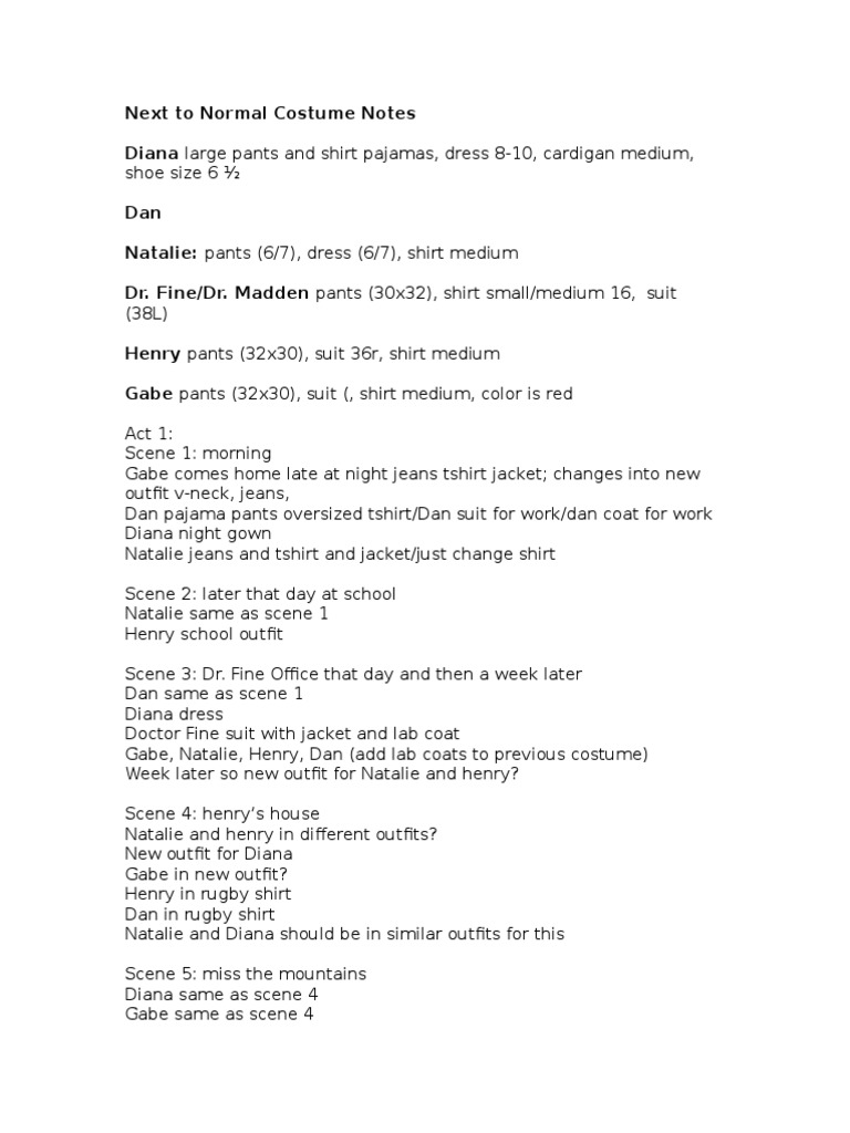 Next To Normal Costume Notes | PDF | Human Appearance | Fashion