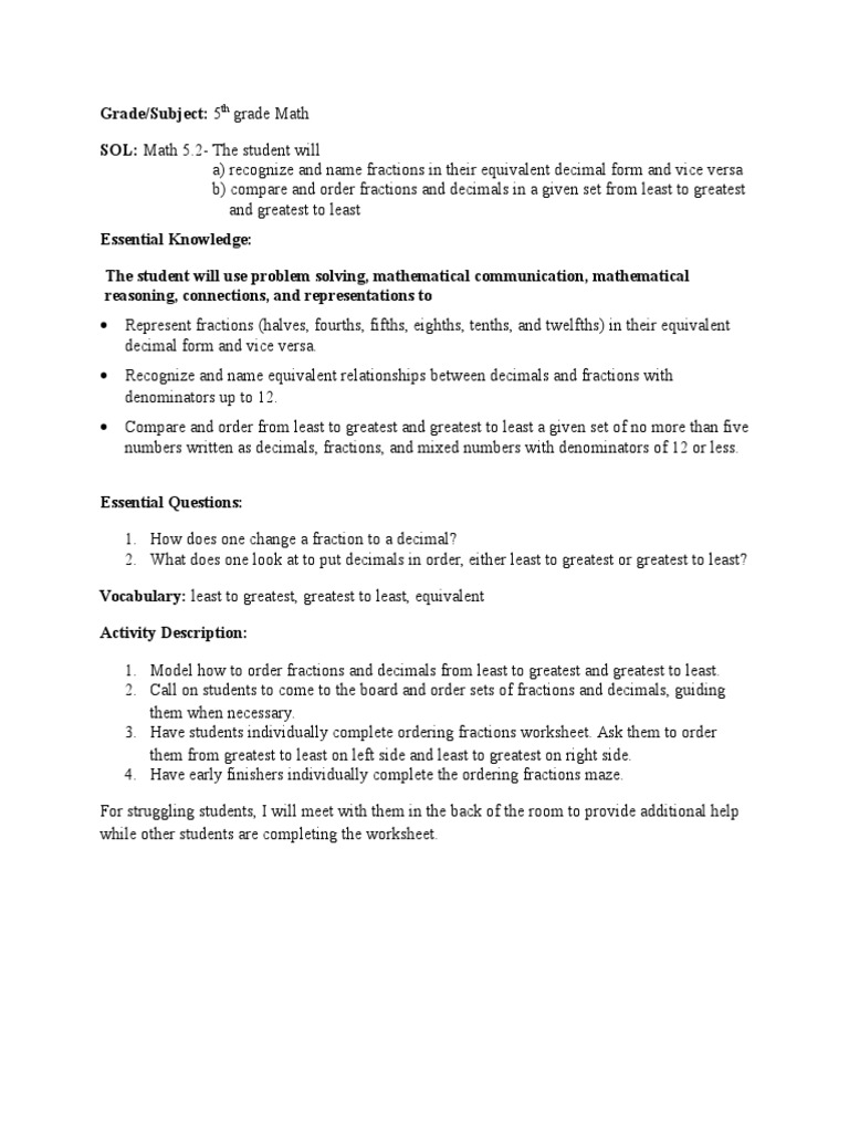 Ordering Fractions and Decimals Guide | PDF