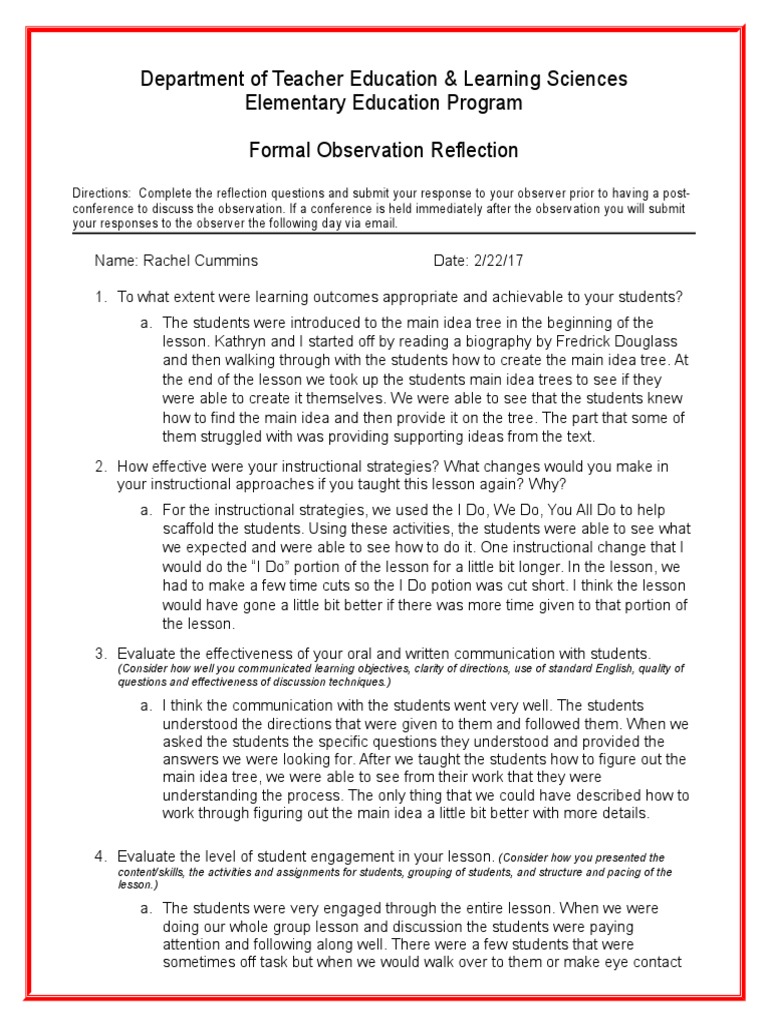 Formal Observation Reflection | PDF | Classroom Management | Classroom
