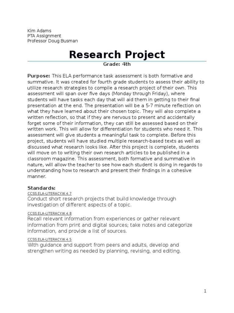 Research Project: Grade: 4th Purpose: This ELA Performance Task ...