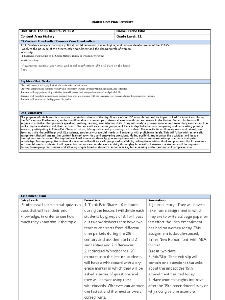 Digital Unit Plan Template Unit Title: The Progressive Era Name: Pedro ...