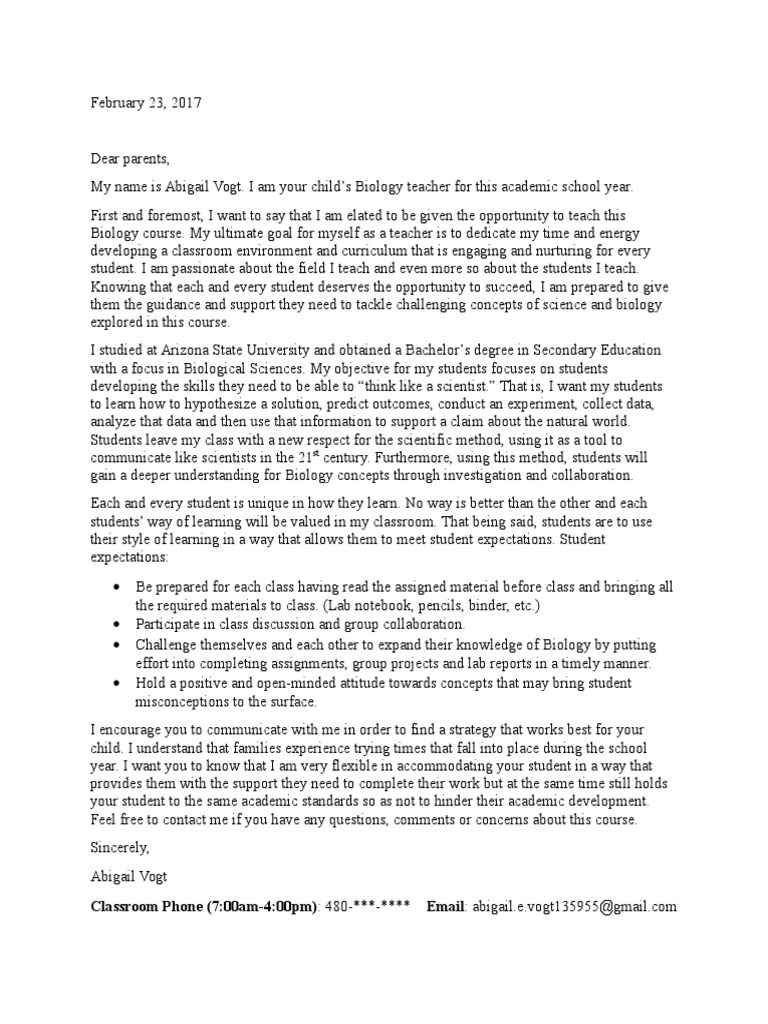 Introduction Letter To Parents | Download Free PDF | Science | Teachers