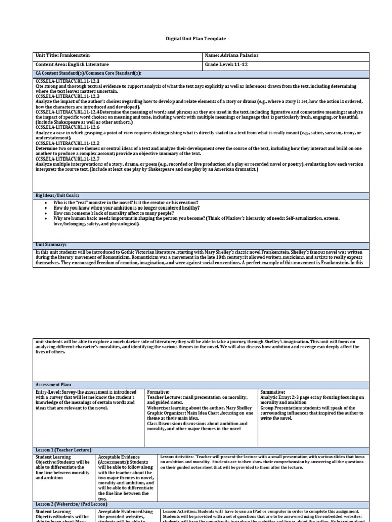 Digital Unit Plan Template | PDF | Frankenstein | Mary Shelley