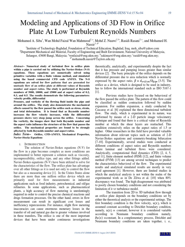 Modeling and Applications of 3D Flow in Orifice Plate at Low Turbulent Reynolds Numbers | PDF ...