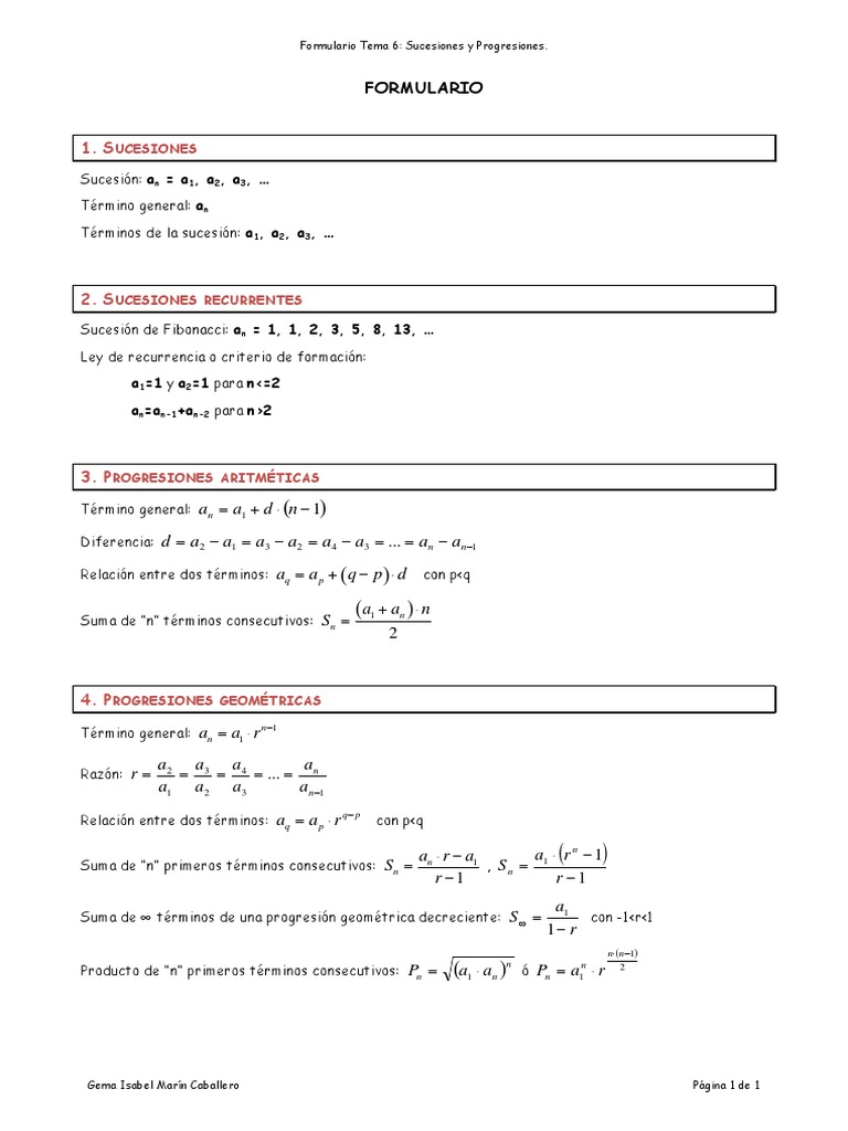 Formulario Tema 6. Sucesiones y Progresiones | PDF