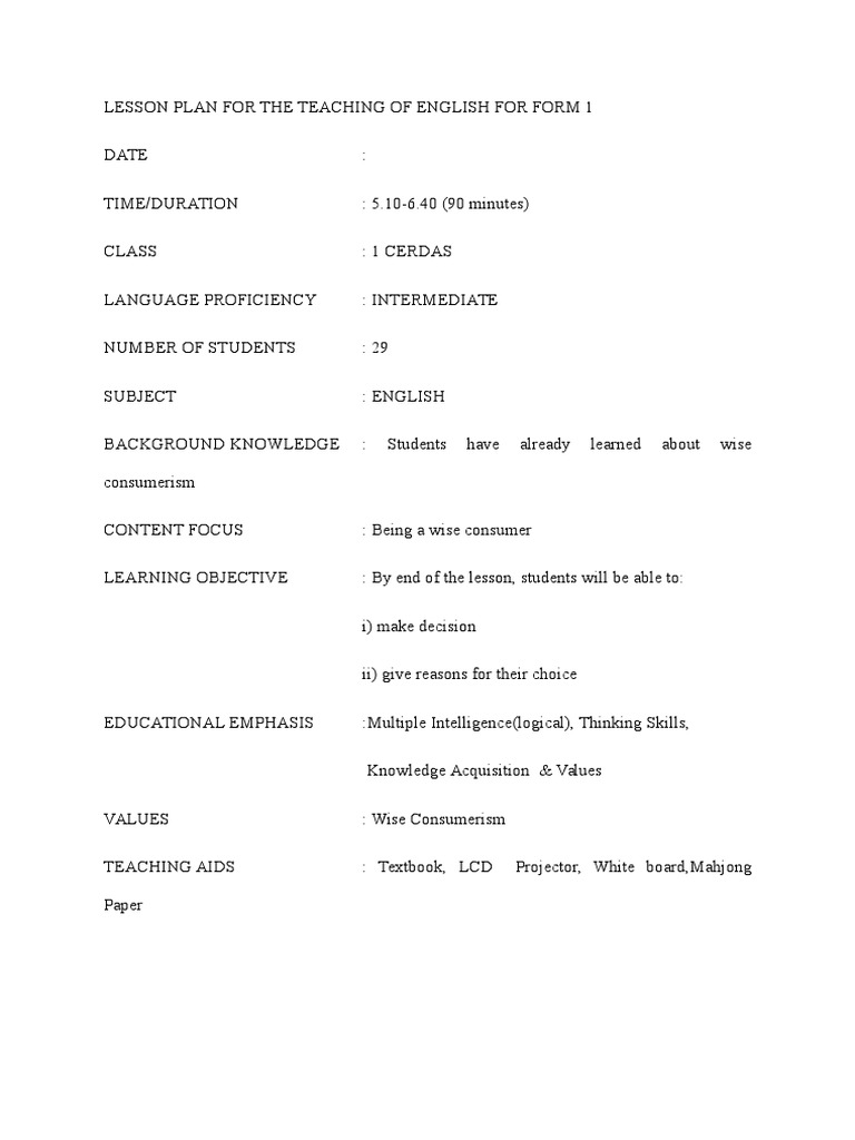 Lesson Plan For The Teaching of English For Form 1 | PDF | Lesson Plan ...