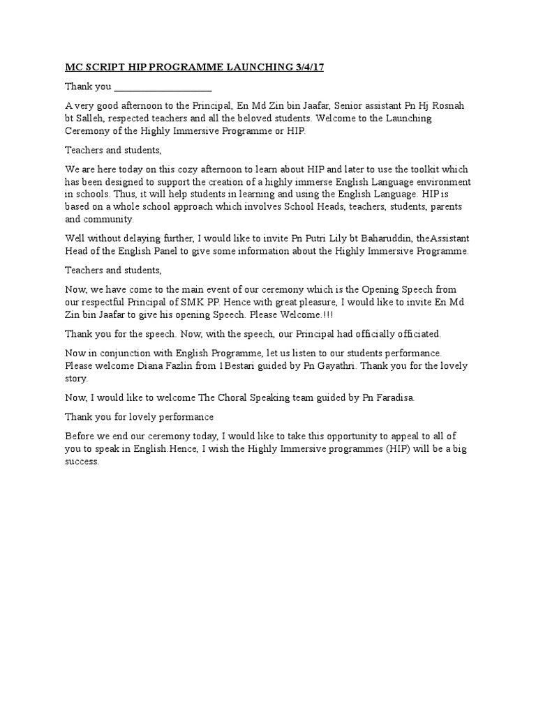 MC Script Hip Programme Launching 3 | PDF