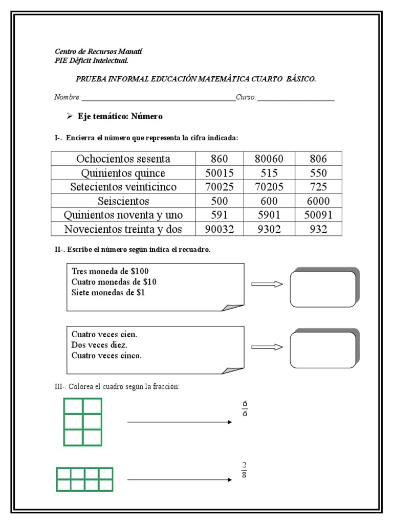 Prueba Matematica Cuarto Básico | PDF | Enseñanza de matemática | Science