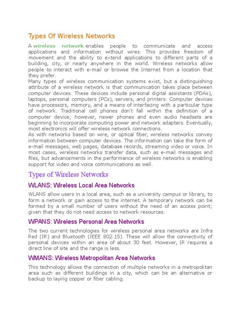 Types of Wireless Networks | PDF | Wireless Lan | Personal Digital ...