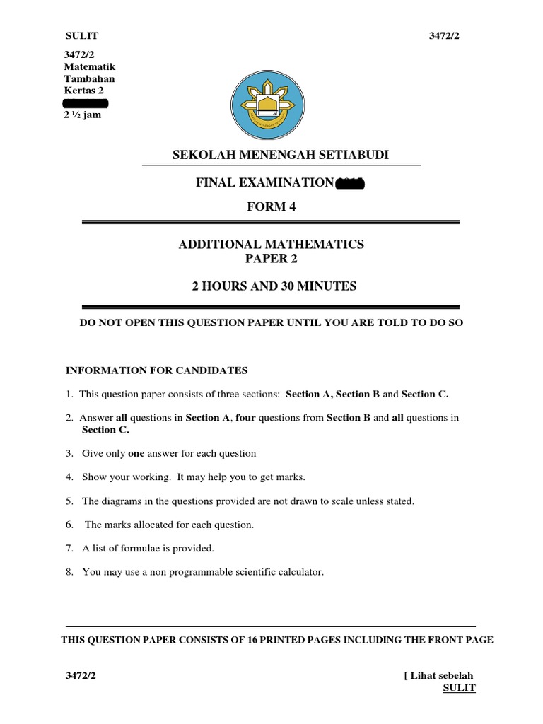 Sekolah Menengah Setiabudi Final Examination 2015 Form 4 | PDF ...