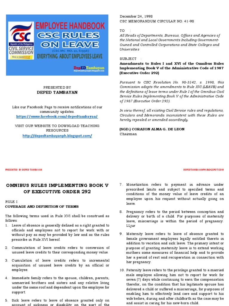 CSC Rules On Leave Handbook | PDF | Sick Leave | Leave Of Absence