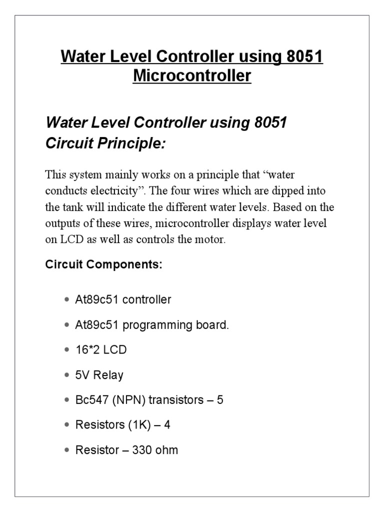 Water Level Controller Using 8051 Circuit Principle | PDF | Electrical ...