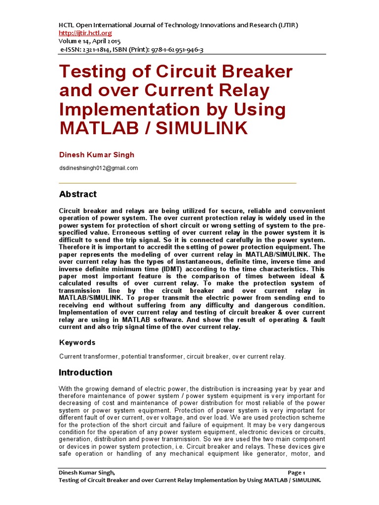 Testing Of Circuit Breaker And Over Current Relay Implementation By Using Matlab Simulink 9289
