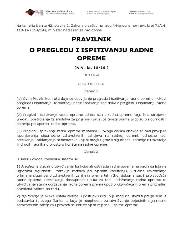Pravilnik o Ispitivanju Radne Opreme | PDF
