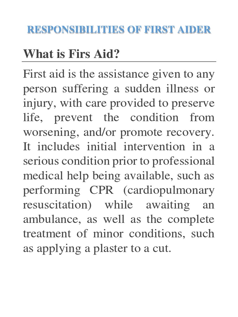 Responsibilities of First Aider | PDF | First Aid | Emergency Department