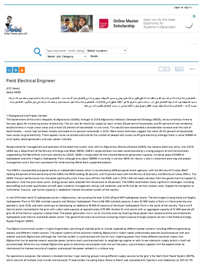 Field Electrical Engineer Position With DABS in Afghanistan - Jobs ...