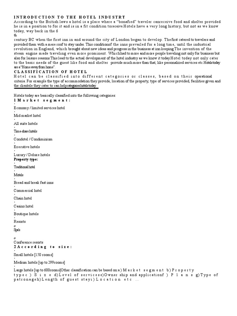Introduction To Hotel Industry | PDF